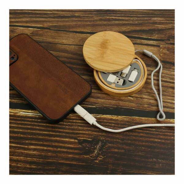 Multi-Charging Cable Set In Round Bamboo Case - The Fab Store